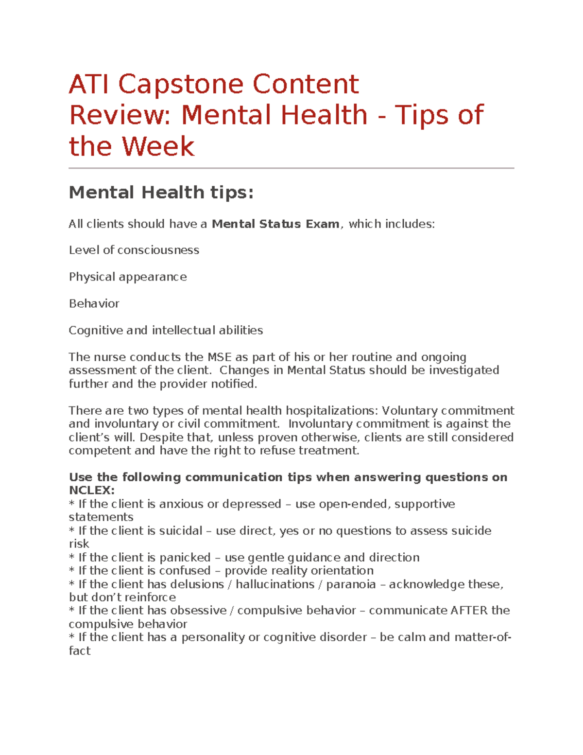 ATI Capstone Review: Weekly Mental Health NCLEX Tips - Studocu