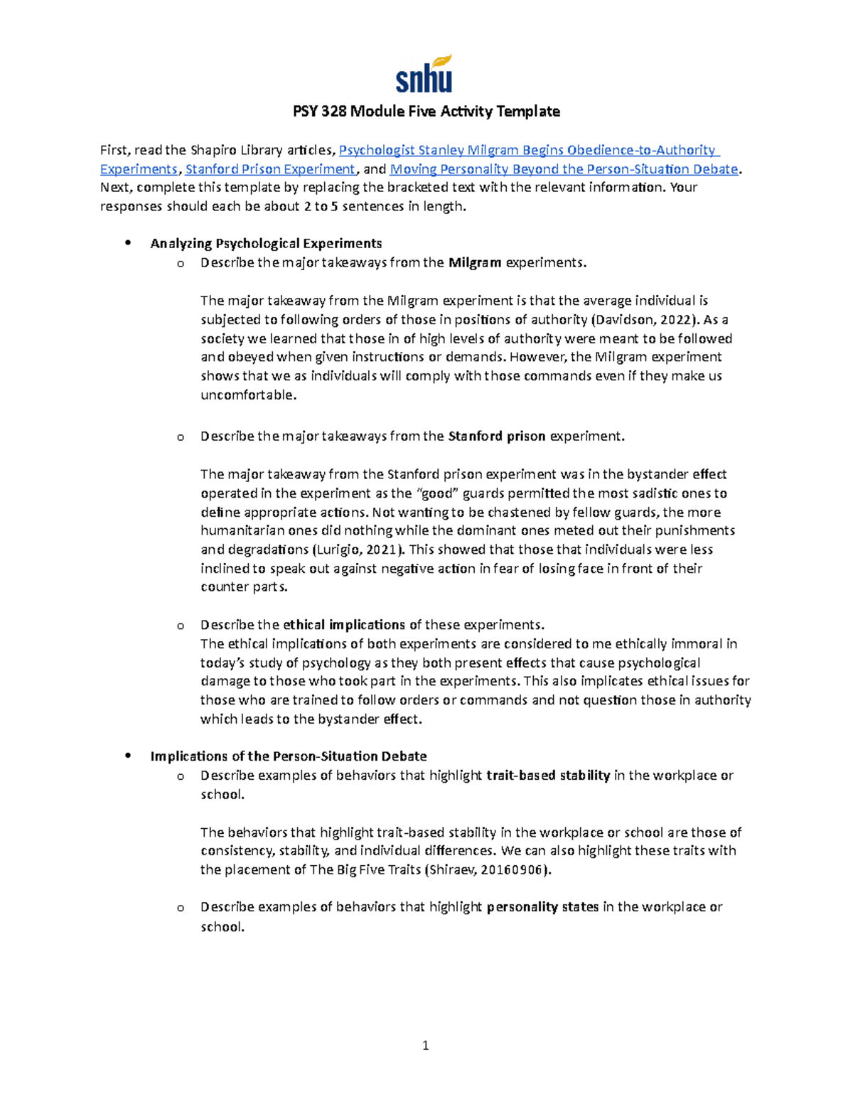 PSY 328 Module 5 Activity: Person-Situation Debate Insights - Studocu
