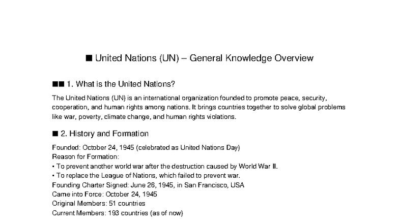 UN General Knowledge Overview: History, Goals, and Achievements - Studocu