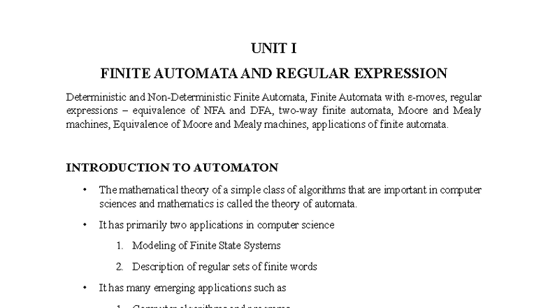 FLA 101 - Unit I: Finite Automata & Regular Expressions Notes - Studocu