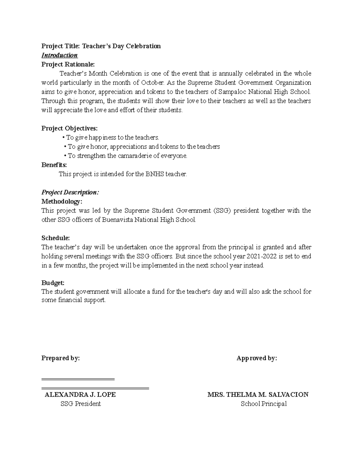 Project Proposal of SSG President - Project Title: Teacher’s Day ...