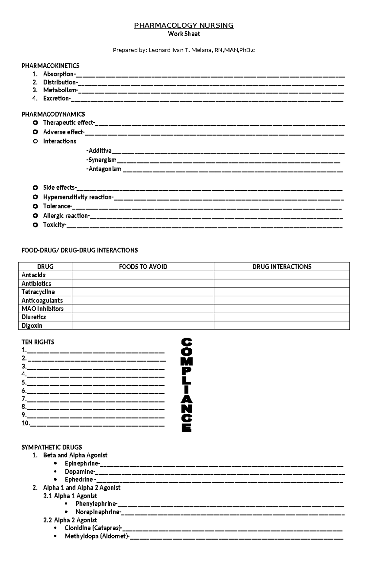 PHAR 101: Comprehensive Pharmacology Worksheet and Review Notes - Studocu