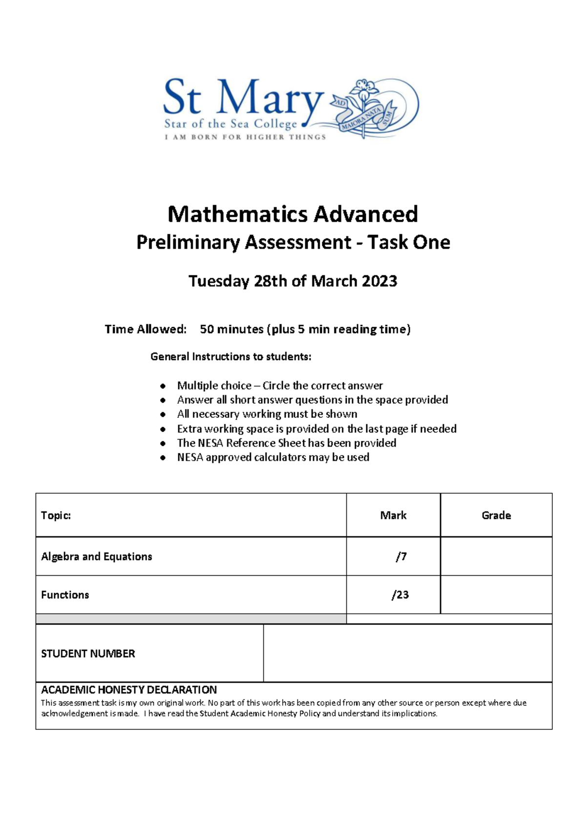 Year 11 Mathematics Adv. Preliminary Assessment Task 1 - Algebra ...