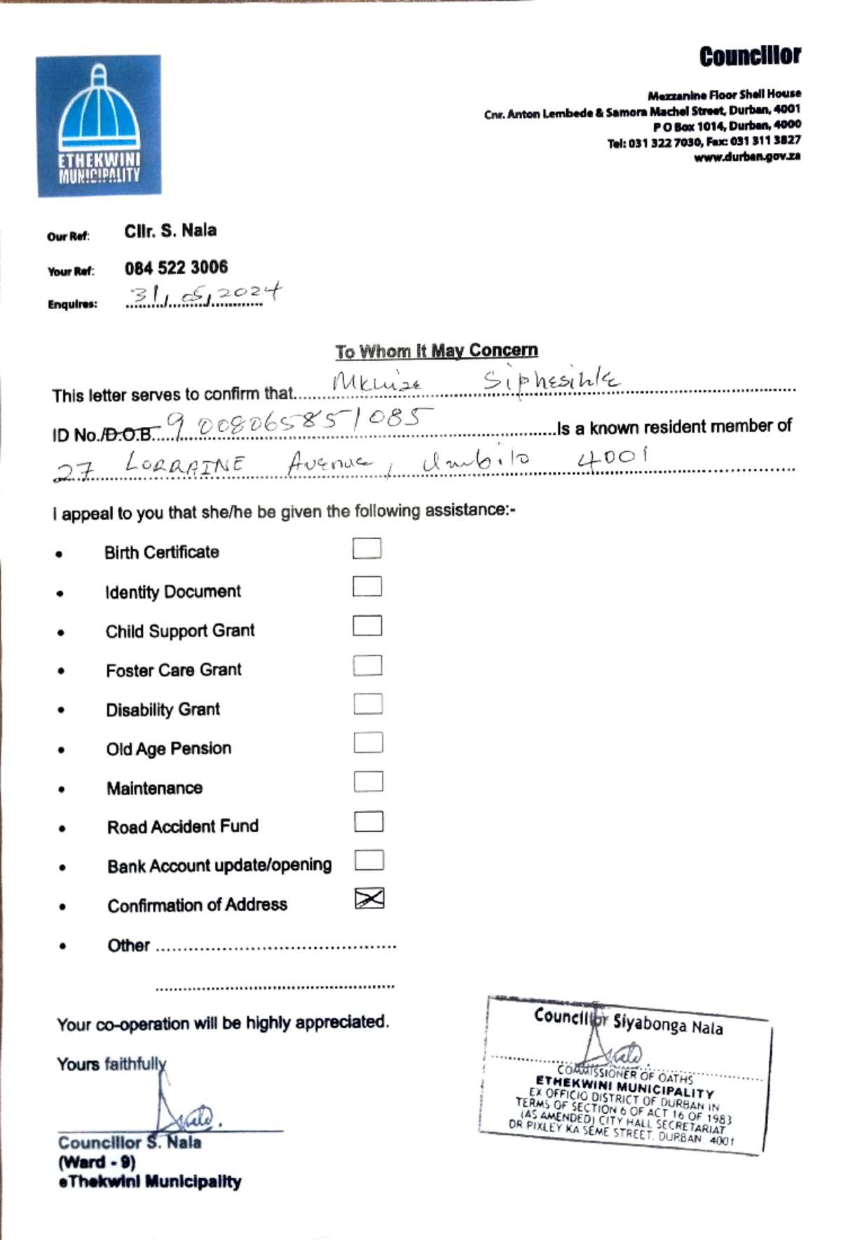 ETHEKWINI Proof of Residence Confirmation Document - Studocu