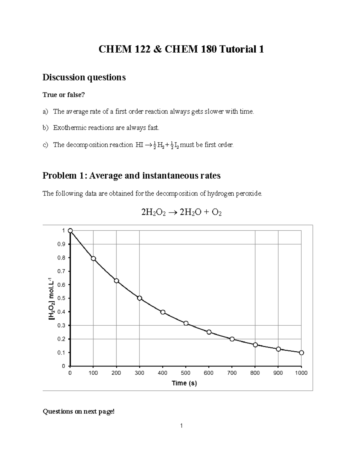 CHEM 122 Tutorial 1: Discussion Questions & Rate Laws - Studocu