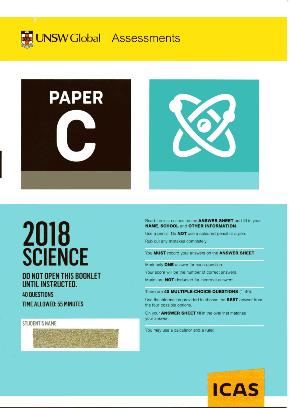 ICAS Science Paper C - 2018 Exam with 40 Questions - Studocu