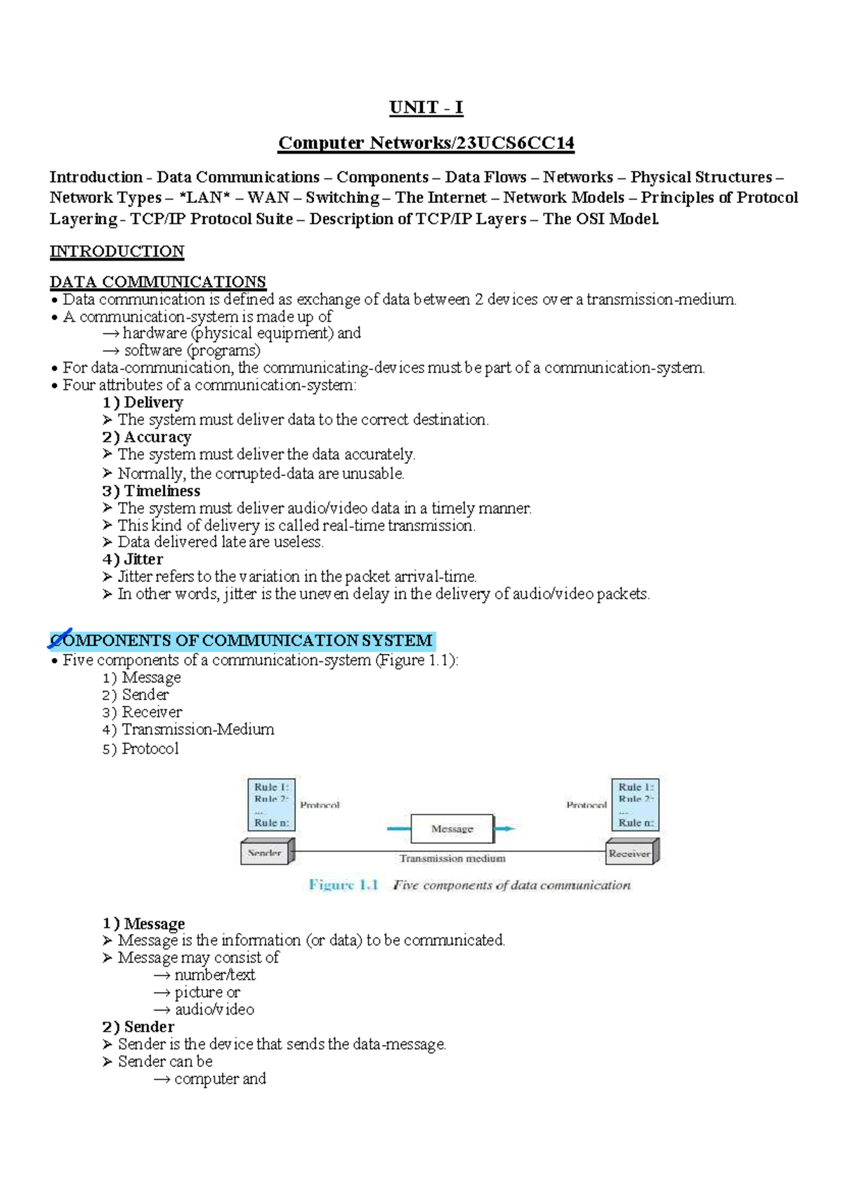 UNIT I: Introduction to Computer Networks - 23UCS6CC14 - Studocu