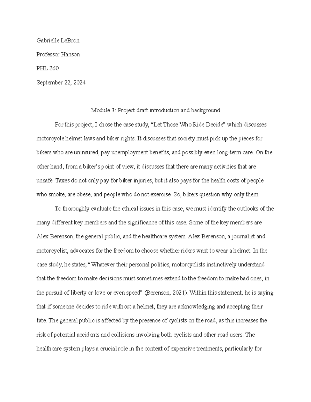 PHL 260 Project: Analyzing Helmet Laws & Biker Rights Ethics - Studocu