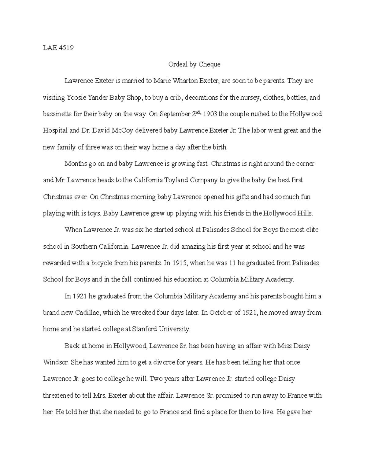 Ordeal by Cheque: A Study of Lawrence Exeter's Choices (LAE 4519) - Studocu