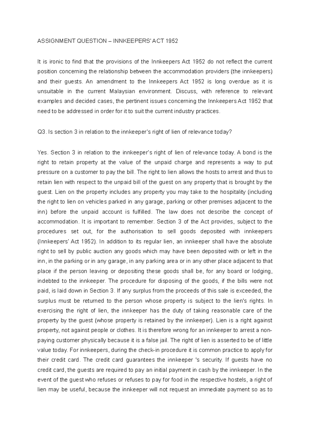 Business Law Assignment - ASSIGNMENT QUESTION – INNKEEPERS’ ACT 1952 It ...