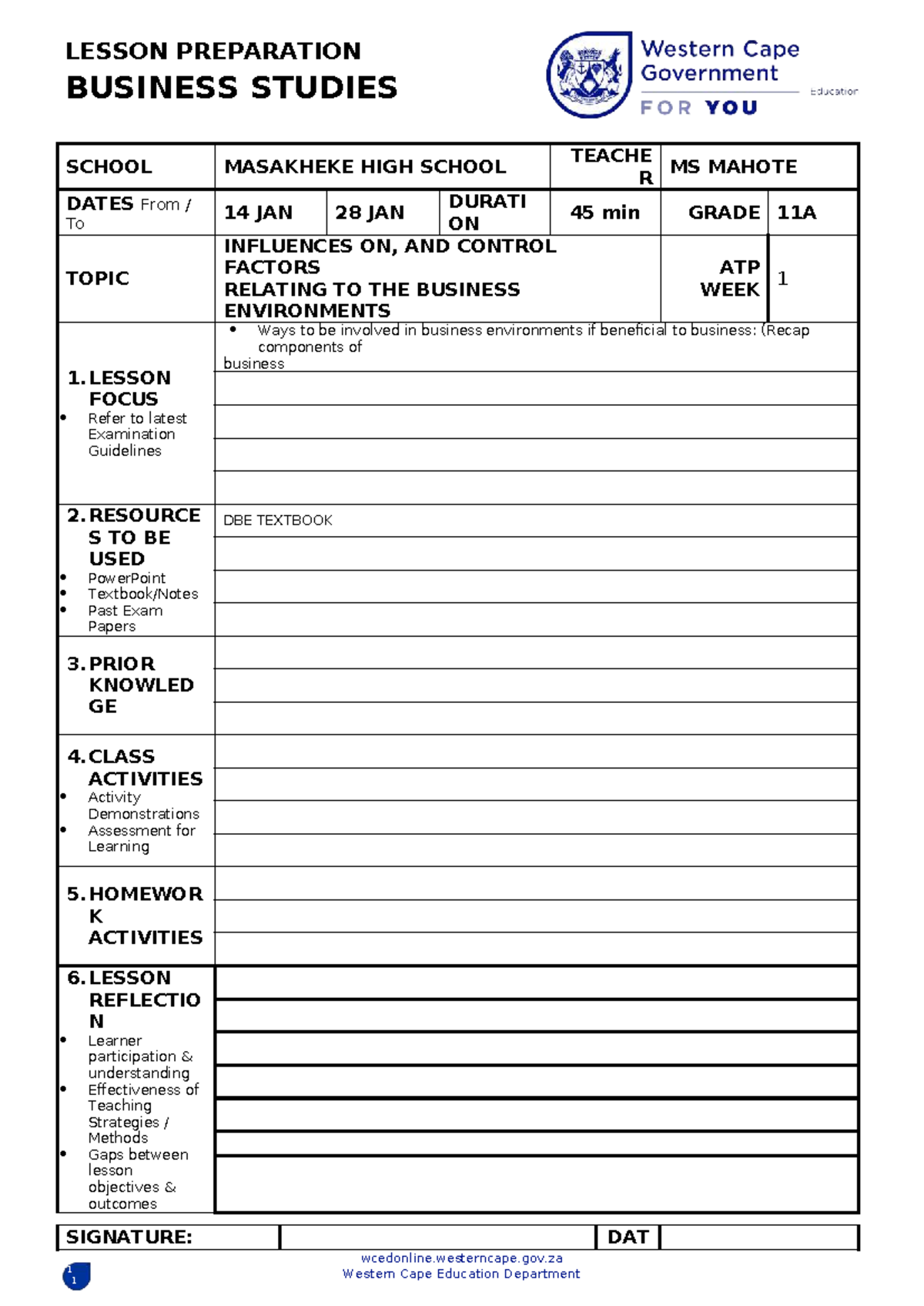 Grade 11 Business Studies Lesson Prep: Influences on Business ...