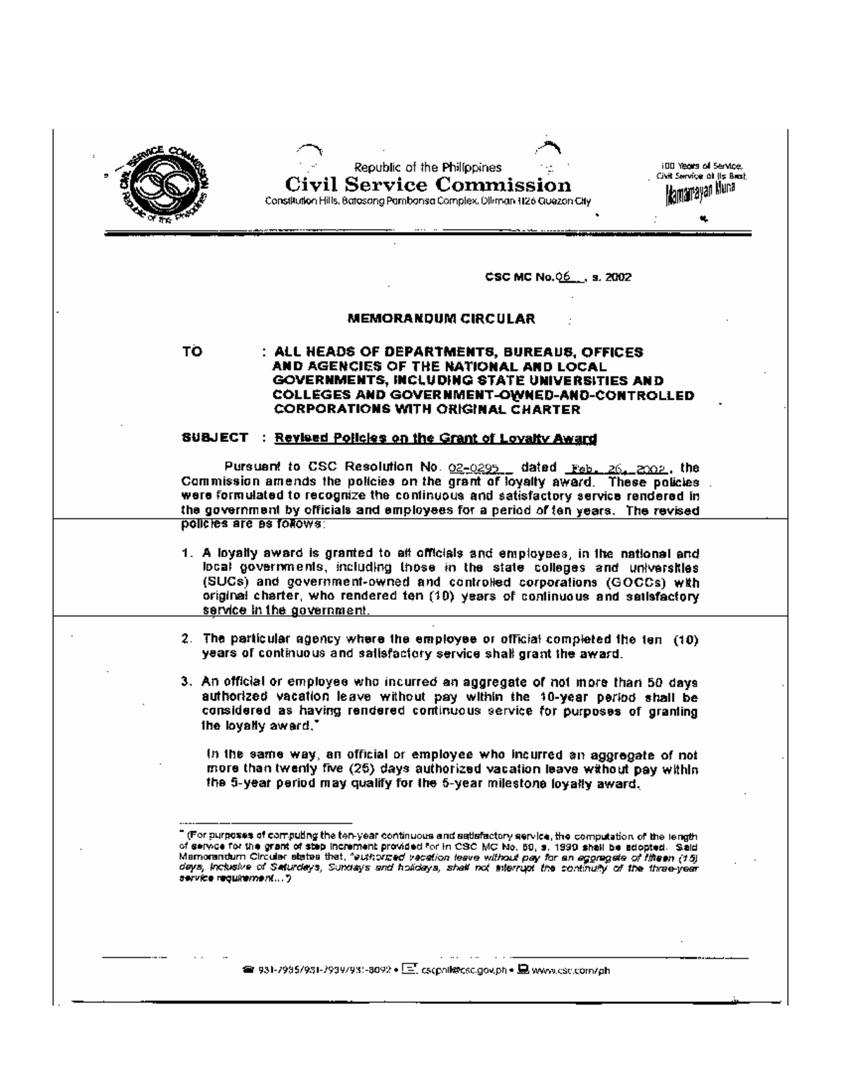 Revised Policies on Loyalty Award (CSC MC No. 06, S. 2002) - Studocu