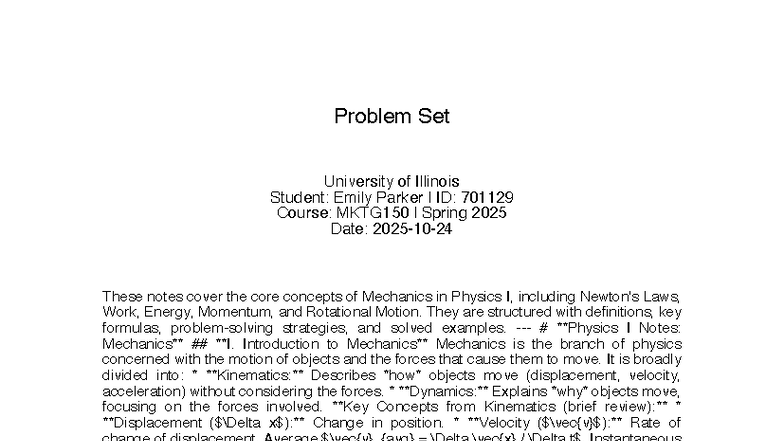 MKTG150 Mechanics I Problem Set - Core Concepts & Formulas - Studocu