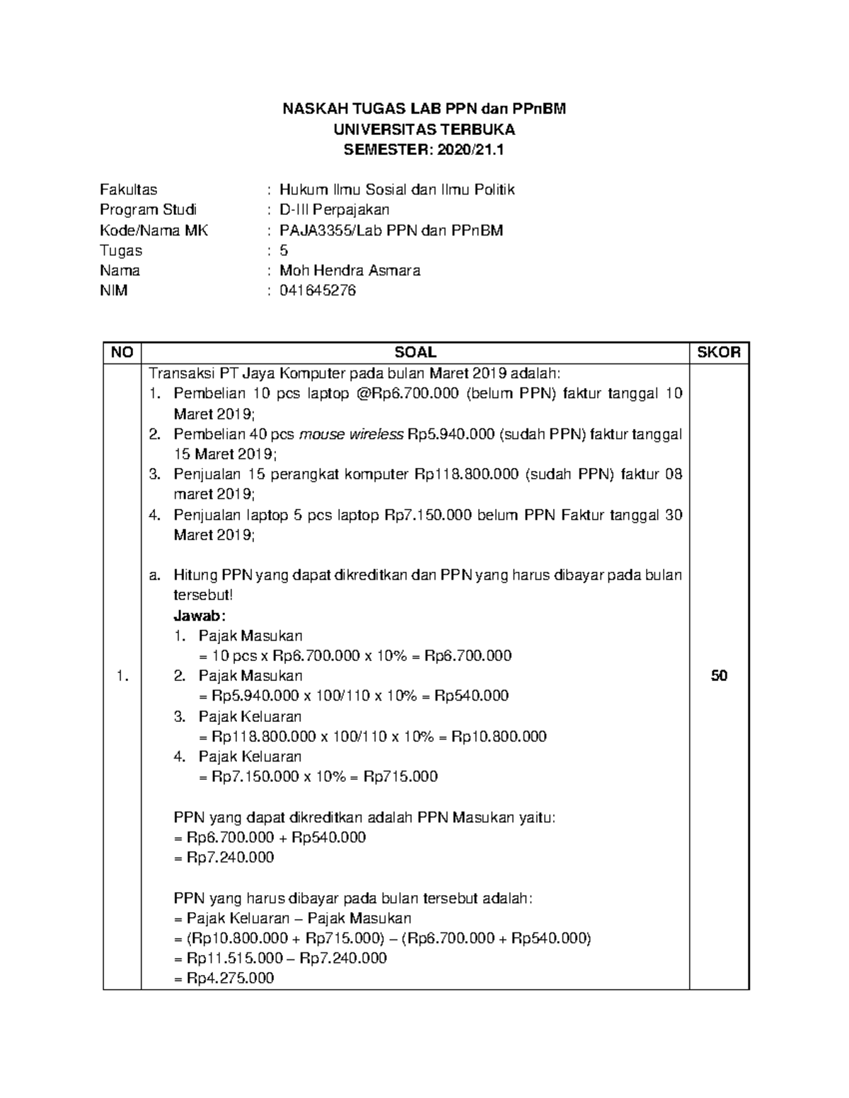 Lab Tugas PAJA 3355: Analisis PPN dan PPnBM di Semester 2020/2 - Studocu