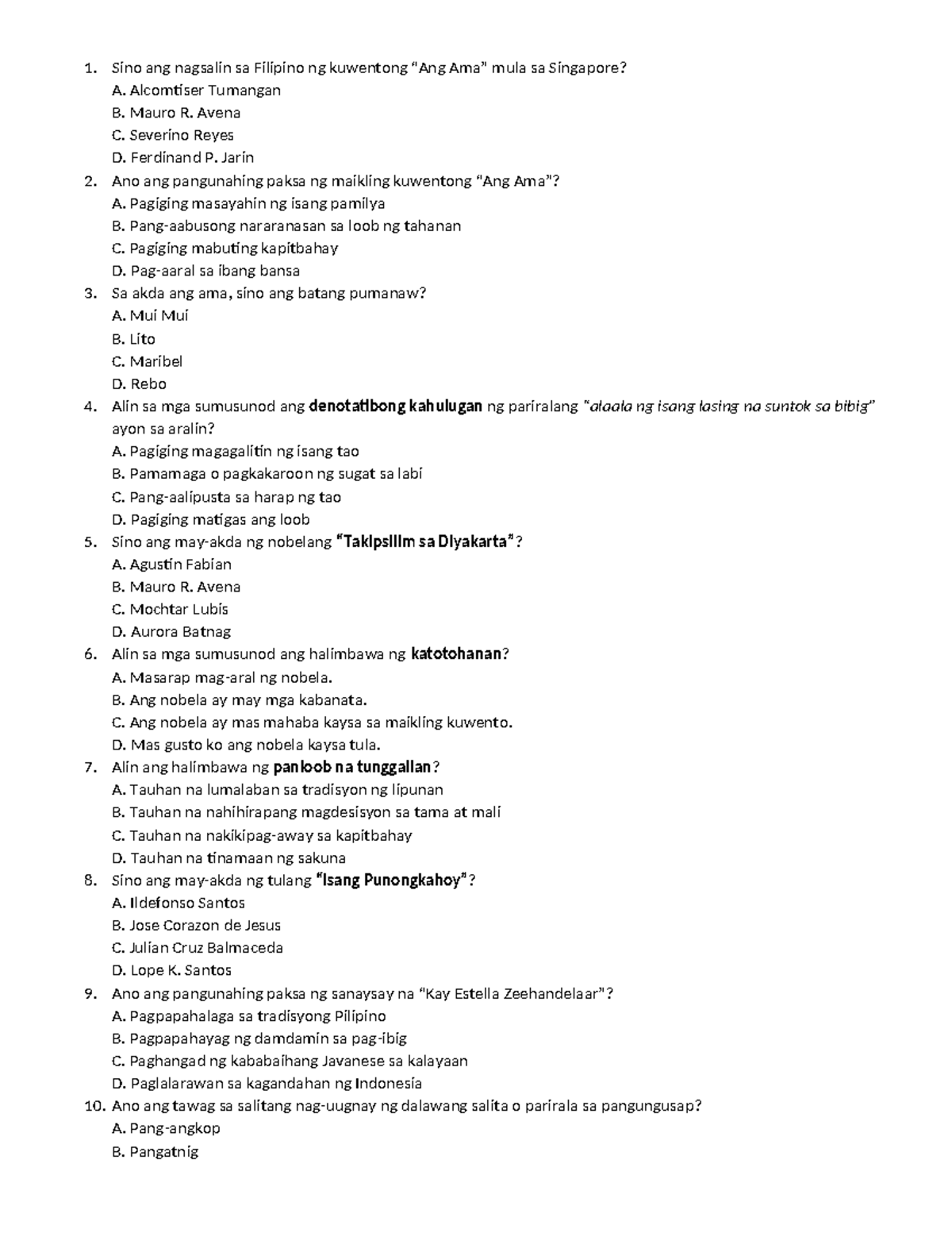 1st Periodical Test in Filipino 9: Literary Analysis and Comprehension ...