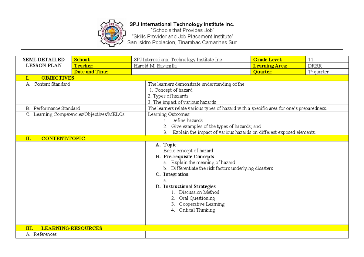 Detailed Lesson Plan in DRRR (Disaster Risk Reduction and Resilience ...