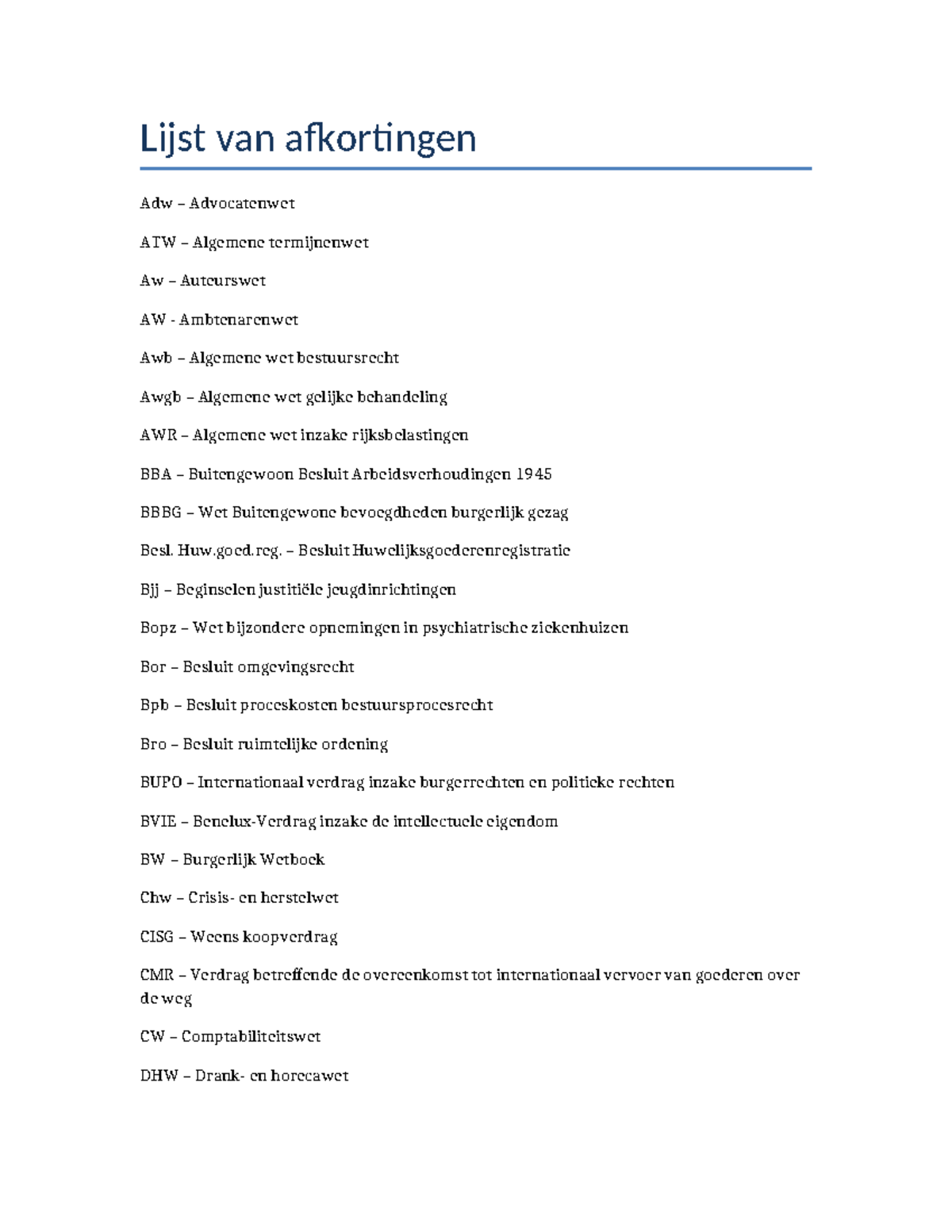 Lijst van Afkortingen voor Juridische Wetgeving en Regels - Studeersnel