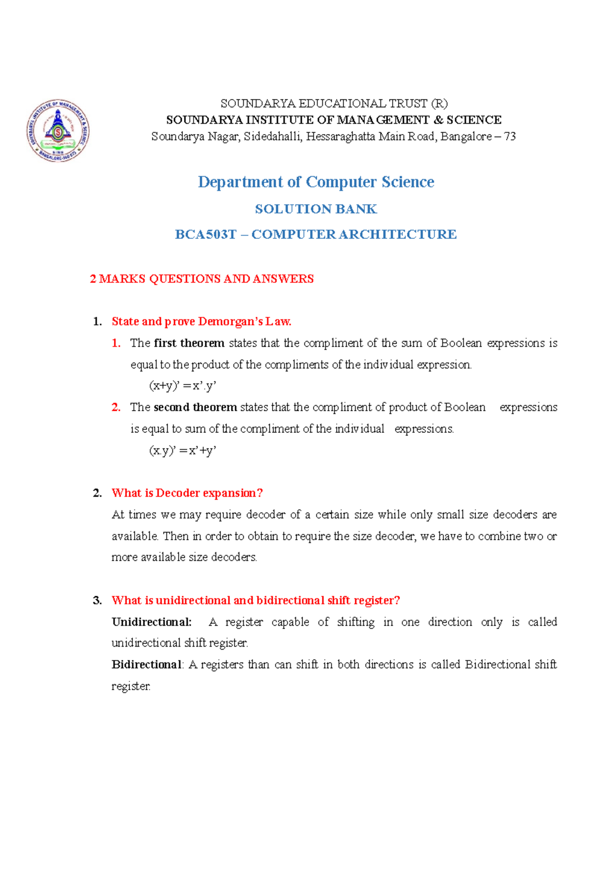 Bca503t Computer Architecture 2 Marks Q A Solution Bank Studocu