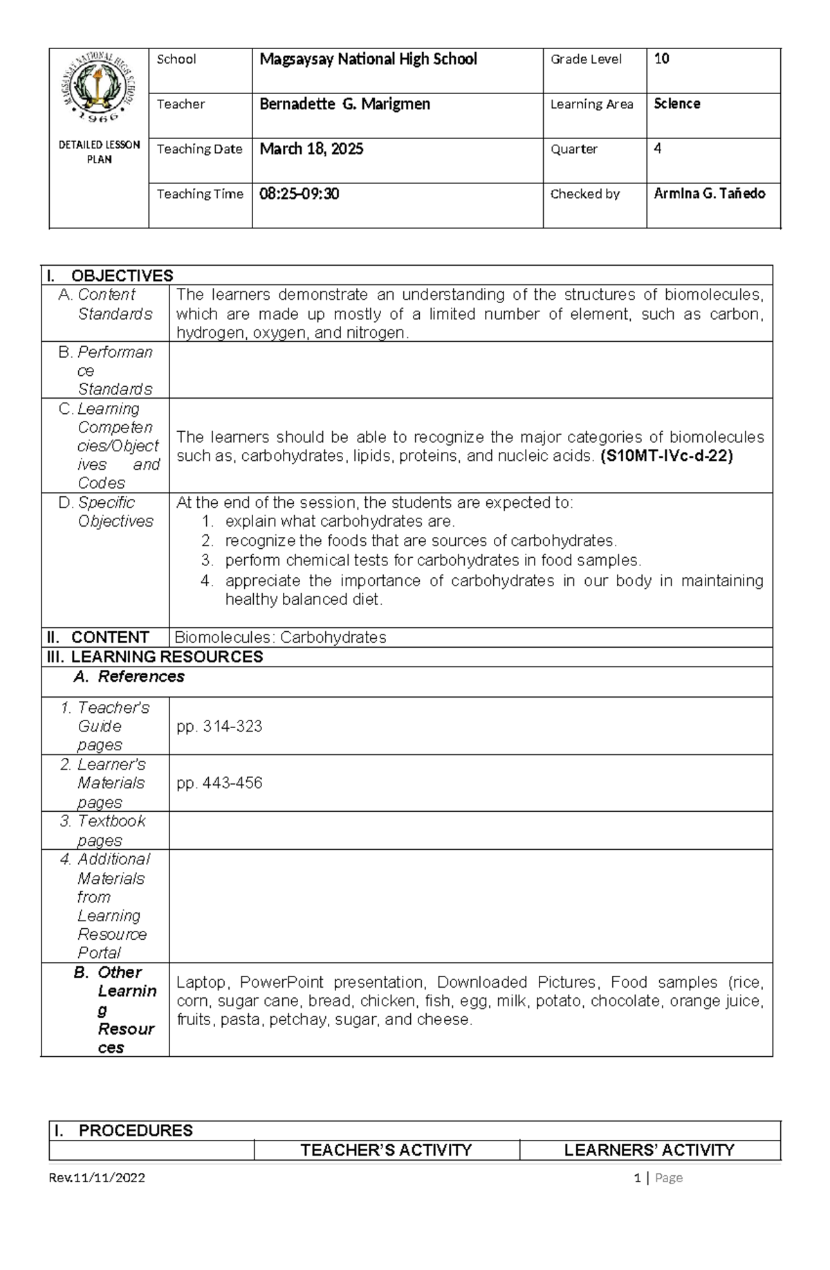 DLP: Detailed Lesson Plan on Carbohydrates for Grade 10 Science - Studocu