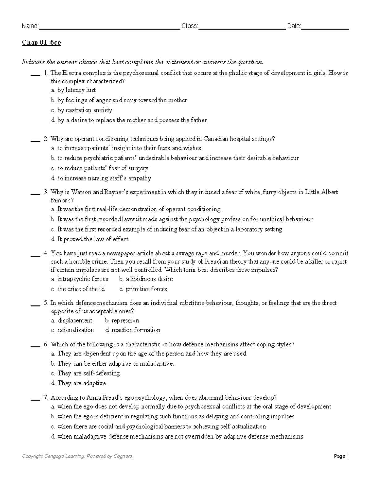 Chap 01 6ce (Testbank based on Abnormal Psychology: An Integrative ...