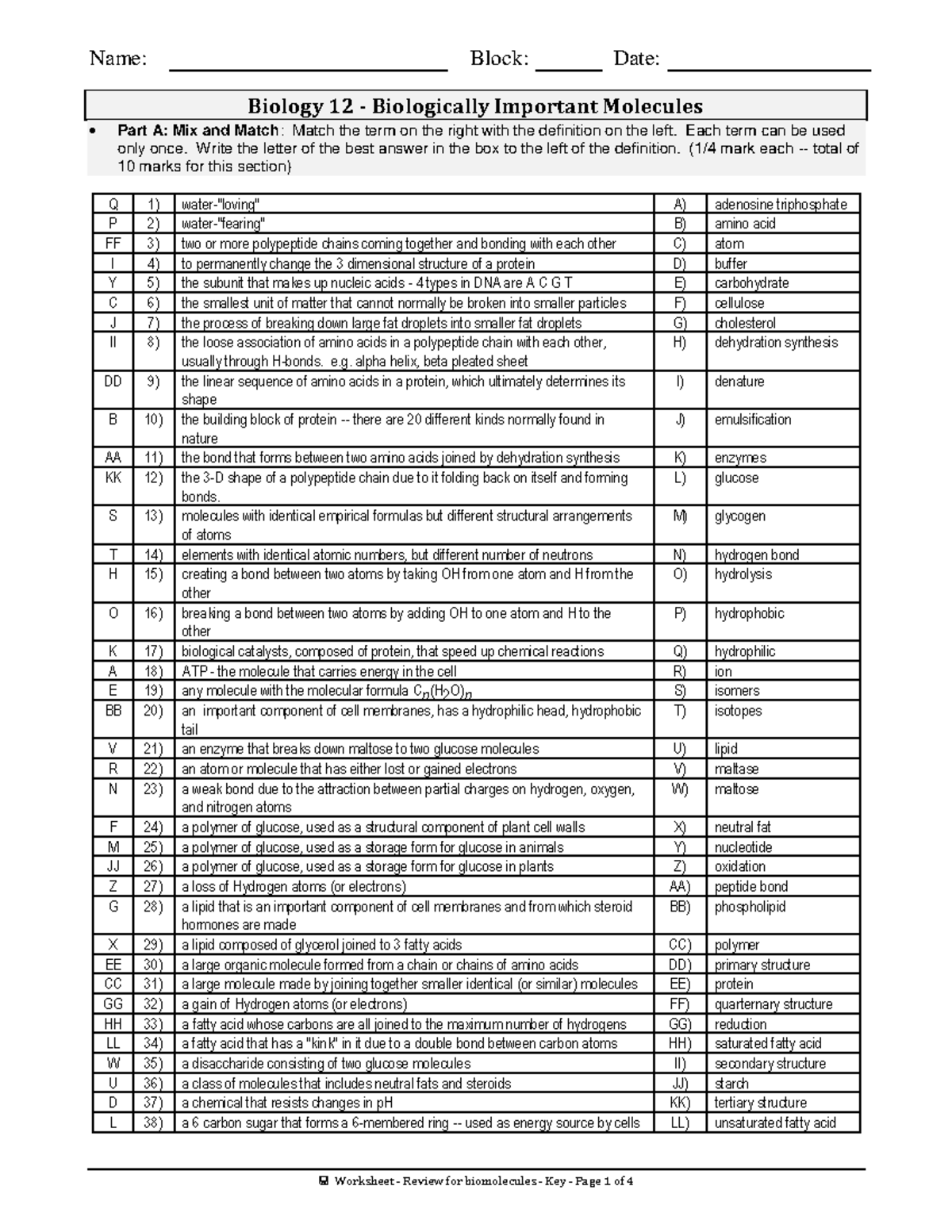 Worksheet - review for biomolecules - key (1) - Name: Block: Date ...