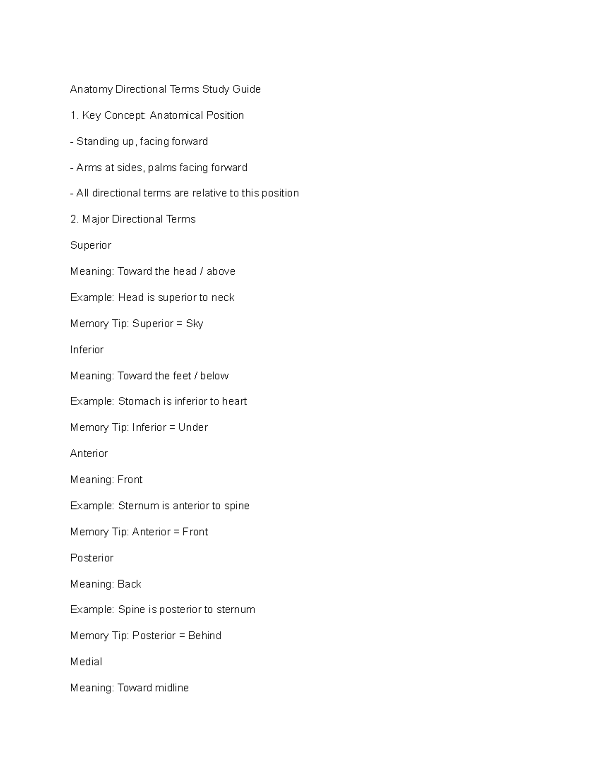 Anatomy Directional Terms Study Guide for A&P 101 - Studocu