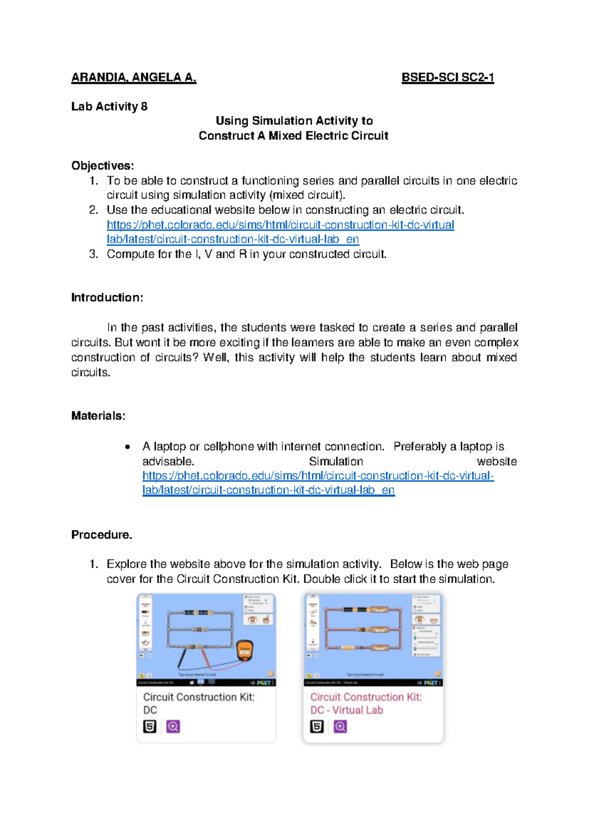 Lab Activity 8: Constructing Mixed Electric Circuits with Simulations - Studocu