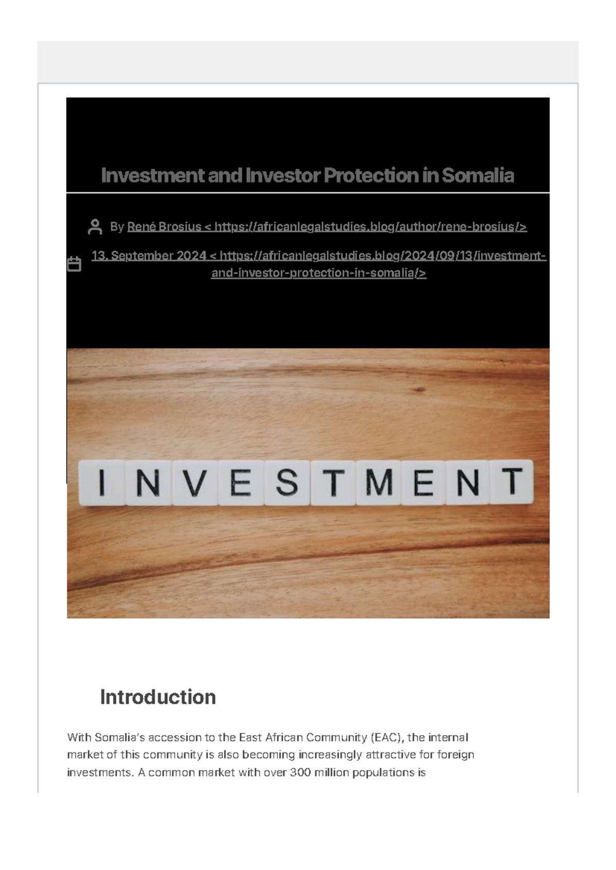 Investment Protection and Opportunities in Somalia: EAC Insights - Studocu
