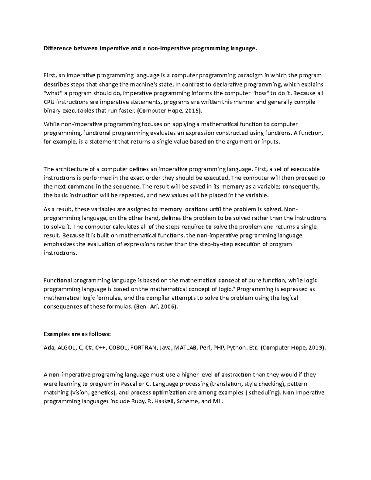Discussion on Imperative vs Non-imperative Programming - CS 4402 - Studocu