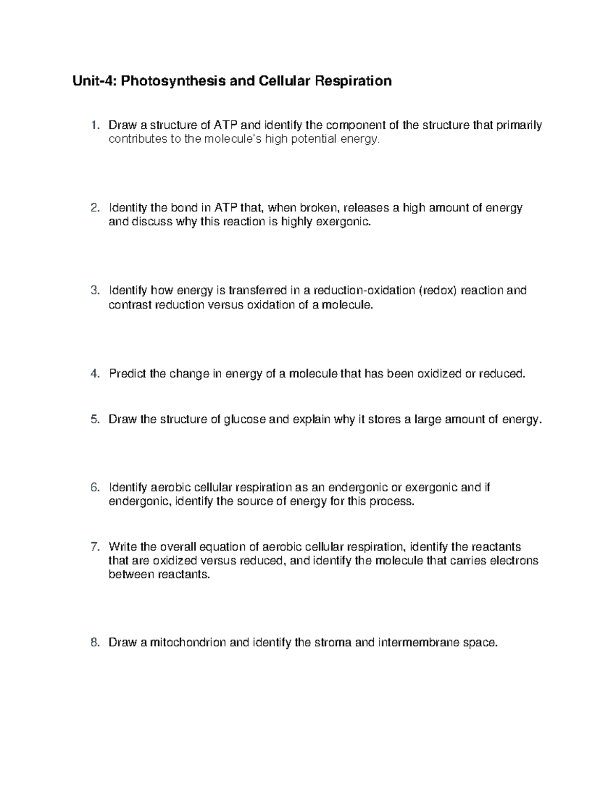 Unit 4: Photosynthesis and Cellular Respiration Review Questions - Unit ...