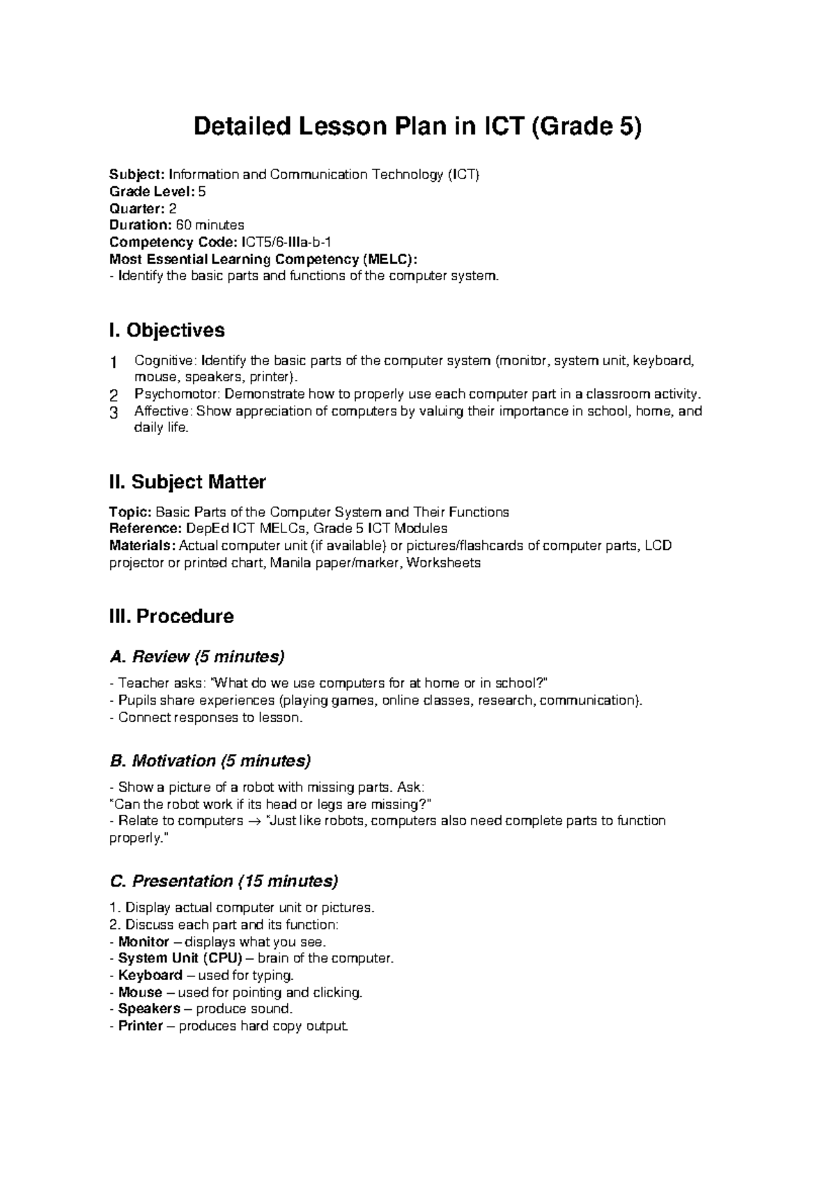 ICT Grade 5 Detailed Lesson Plan: Basic Computer Parts & Functions ...