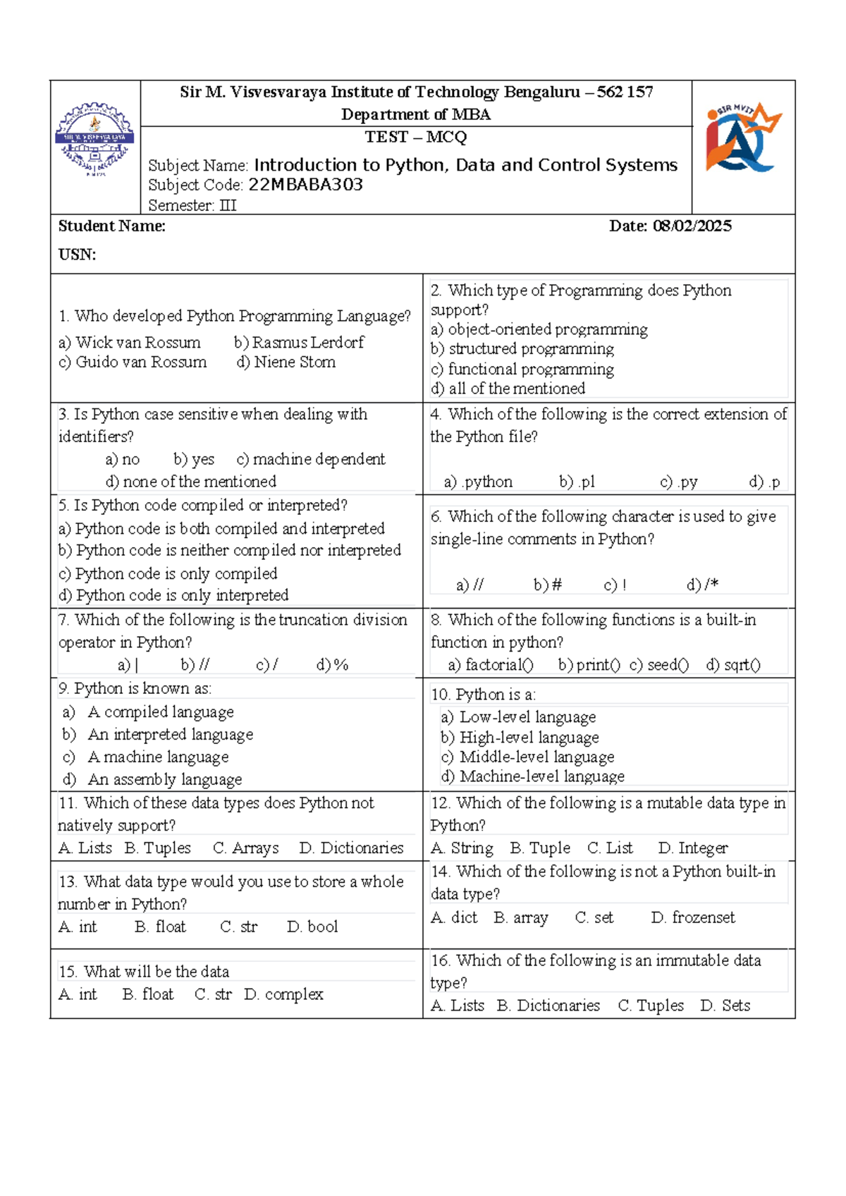MBA MCQ 08 - MBA MCQ 08 - Sir M. Visvesvaraya Institute of Technology ...