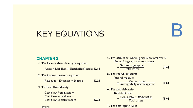 B KEY EQUATIONS CHAPTER 2-20: Financial Ratios & Formulas - Studocu