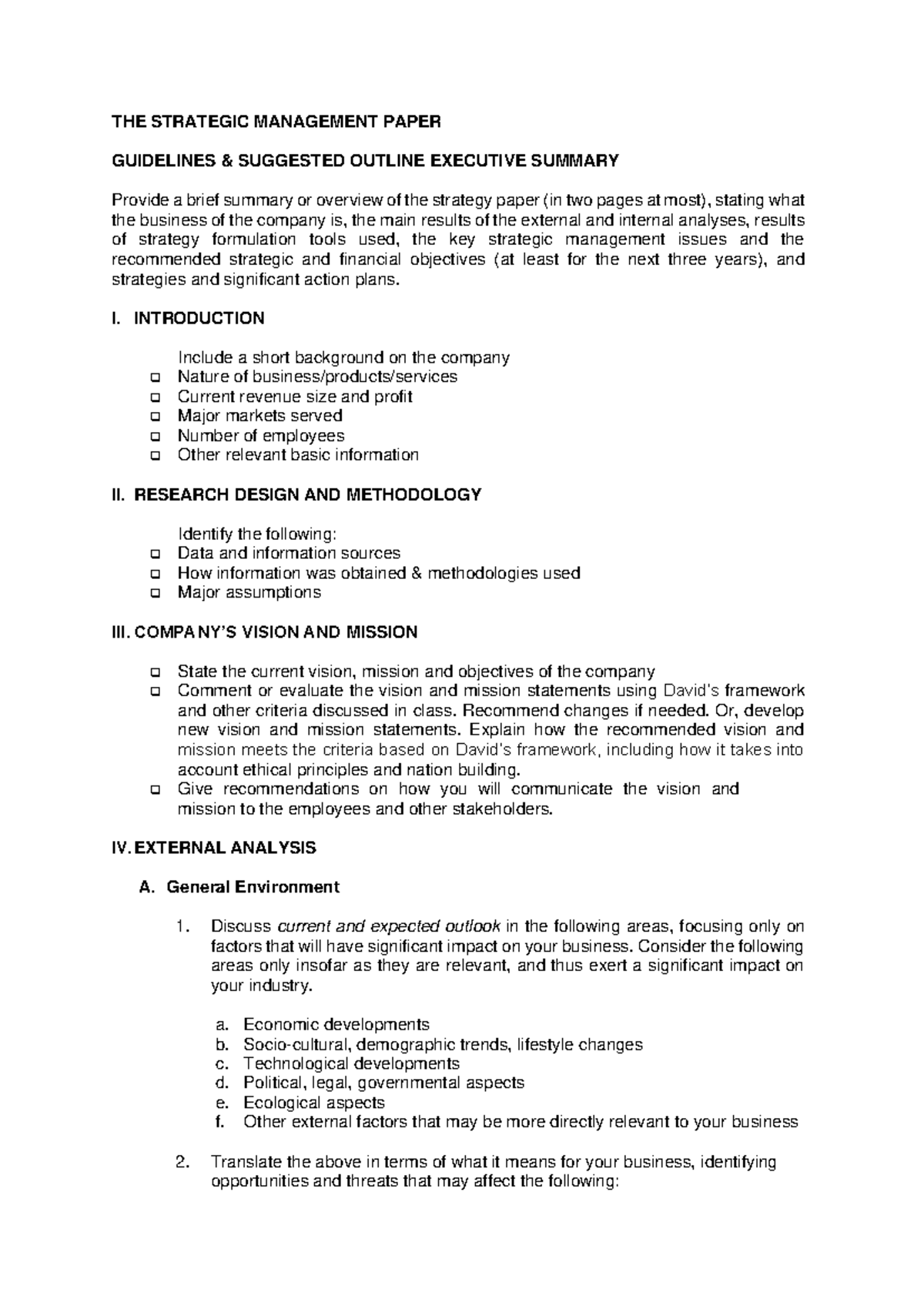 Strategic Management Paper: Outline and Guidelines for Analysis - Studocu