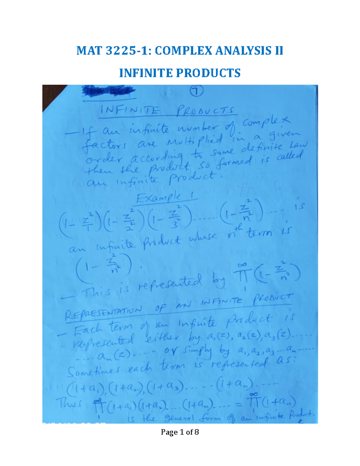 MAT 3225-1 Infinite Products E Notes 103938 - Statistical analysis 1 ...