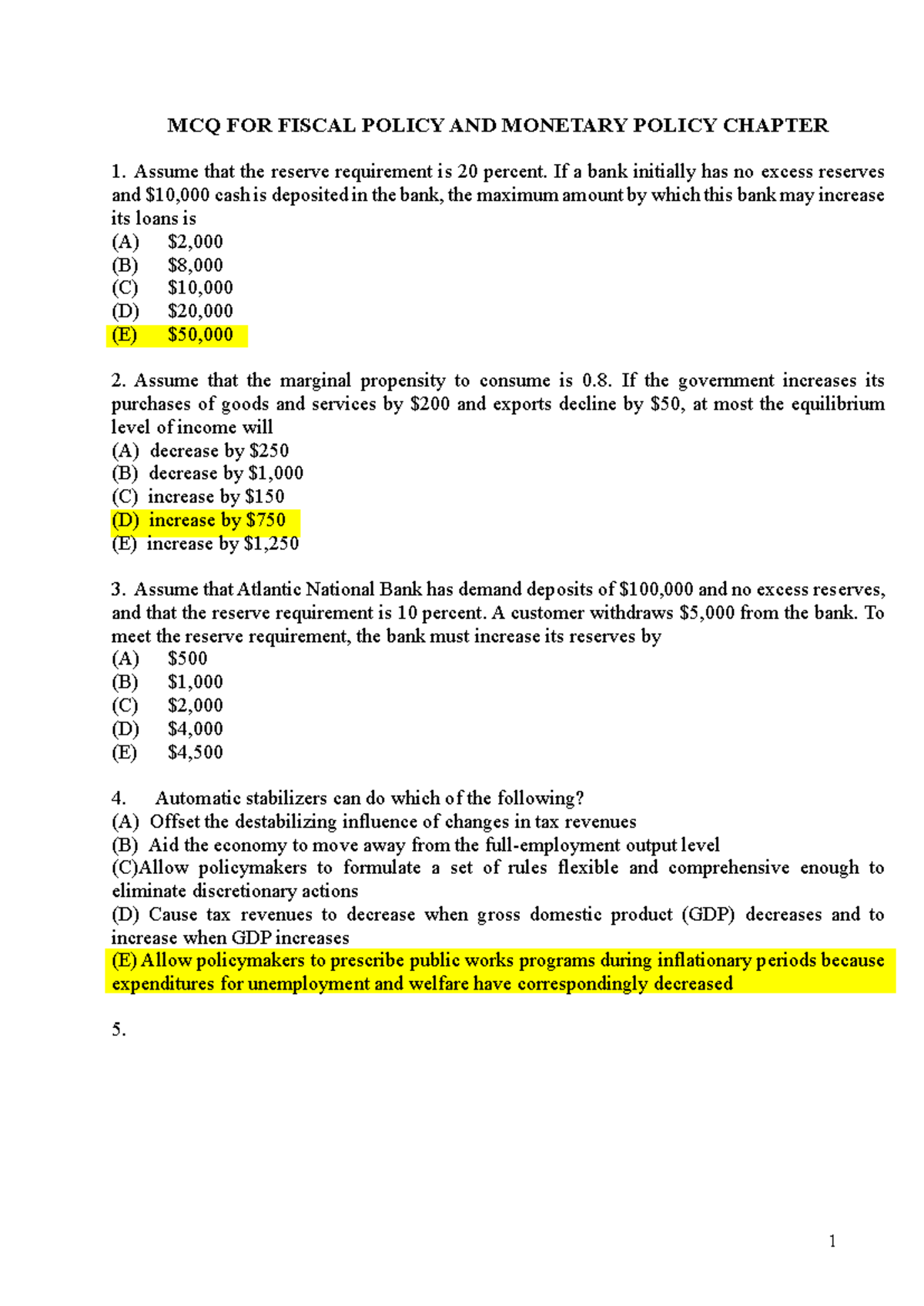MCQ for Fiscal Policy and Monetary Policy - Chapter 1 Review - Studocu