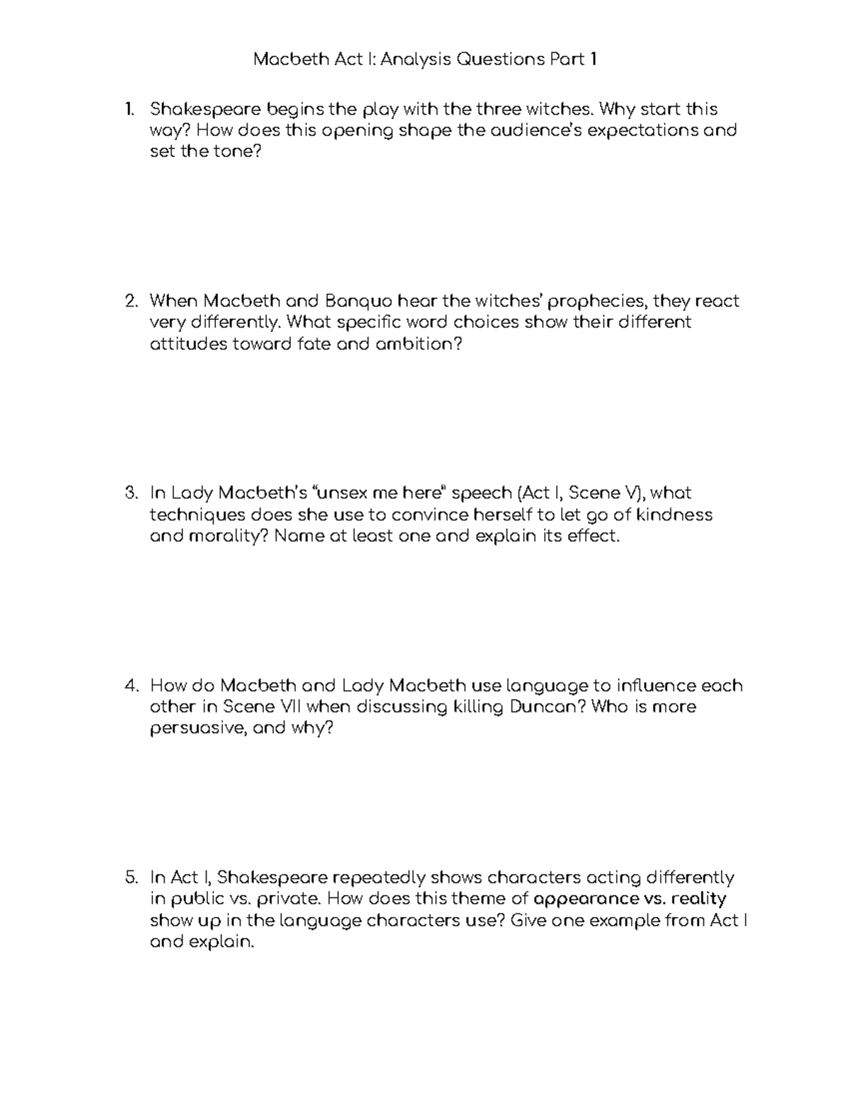 Macbeth (ENG 101): Act I Analysis Questions & Insights - Studocu