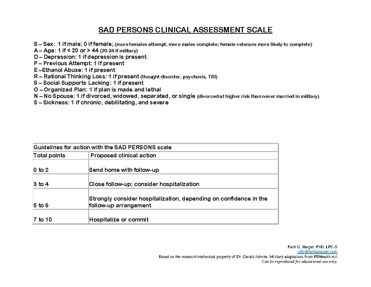 SAD PERSONS Clinical Assessment Scale Overview and Guidelines - Studocu