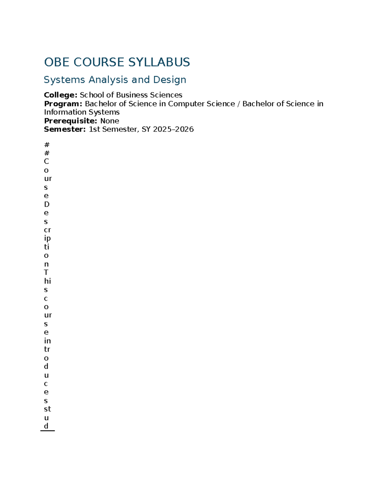 Systems Analysis and Design Syllabus (CS 101) - 1st Semester - Studocu