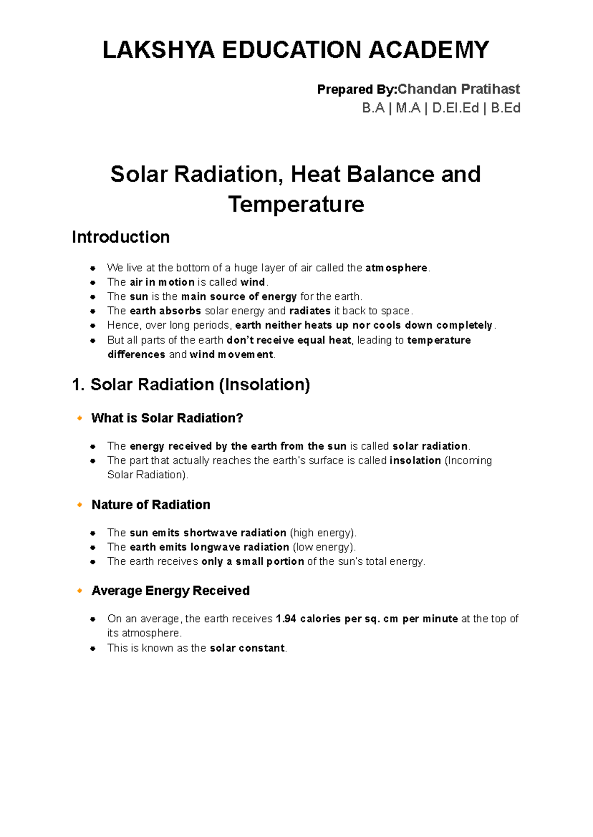 Solar Radiation and Heat Balance: A Comprehensive Study (B.Ed) - Studocu