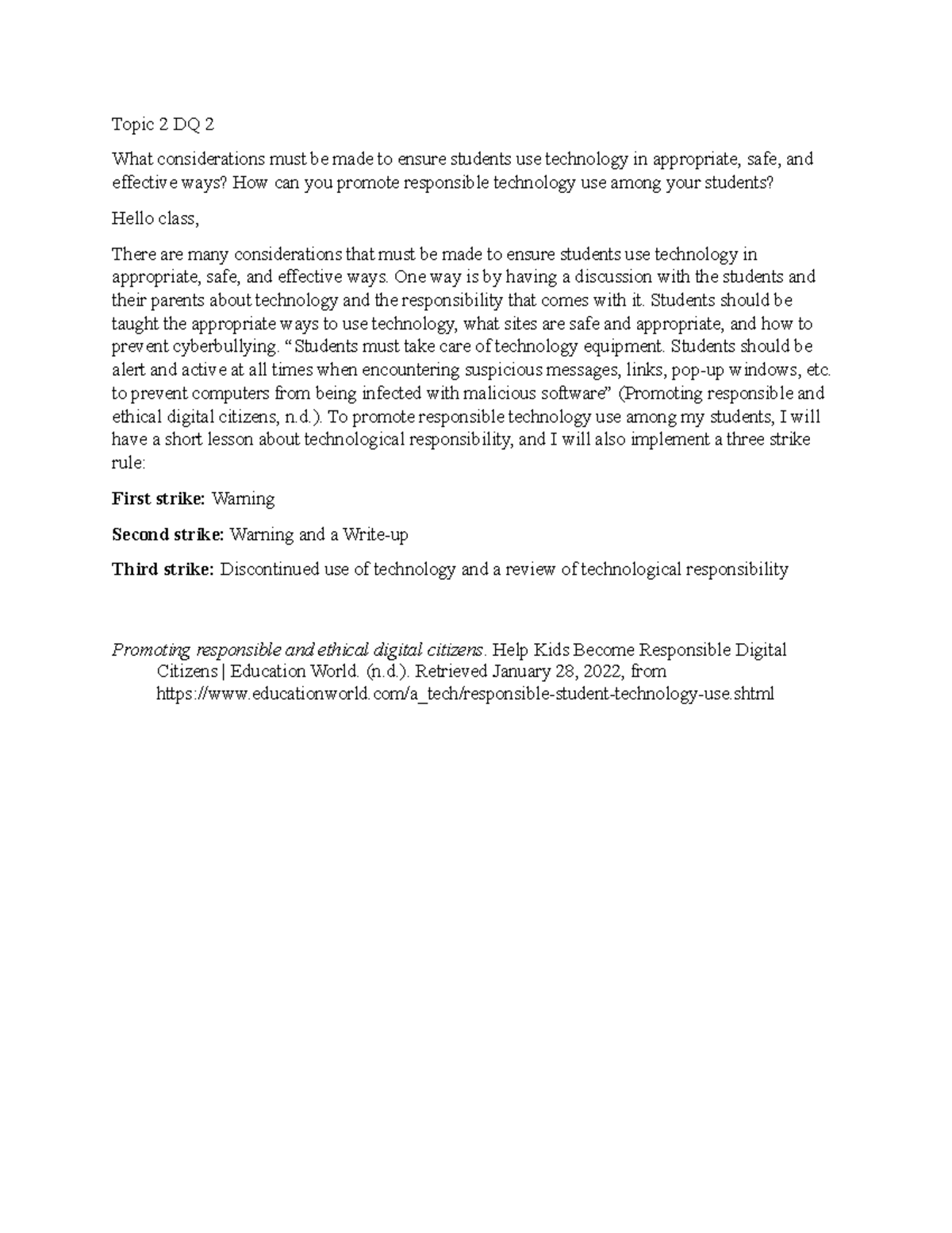 Topic 2 DQ 2: Ensuring Responsible and Safe Tech Use in Classrooms ...