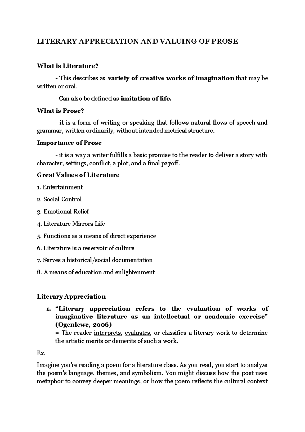 LIT 101: Handout on Literary Appreciation and Prose Valuation - Studocu