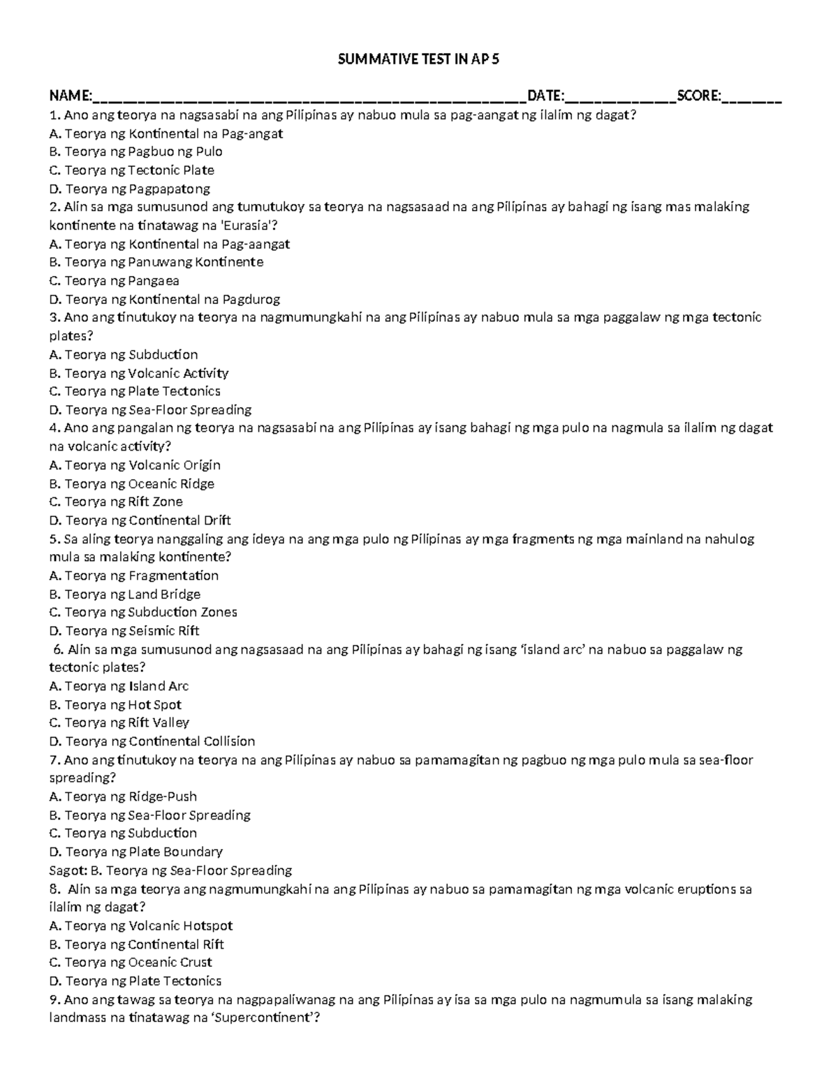 Summative Test in AP 5: Theories on the Formation of the Philippines ...