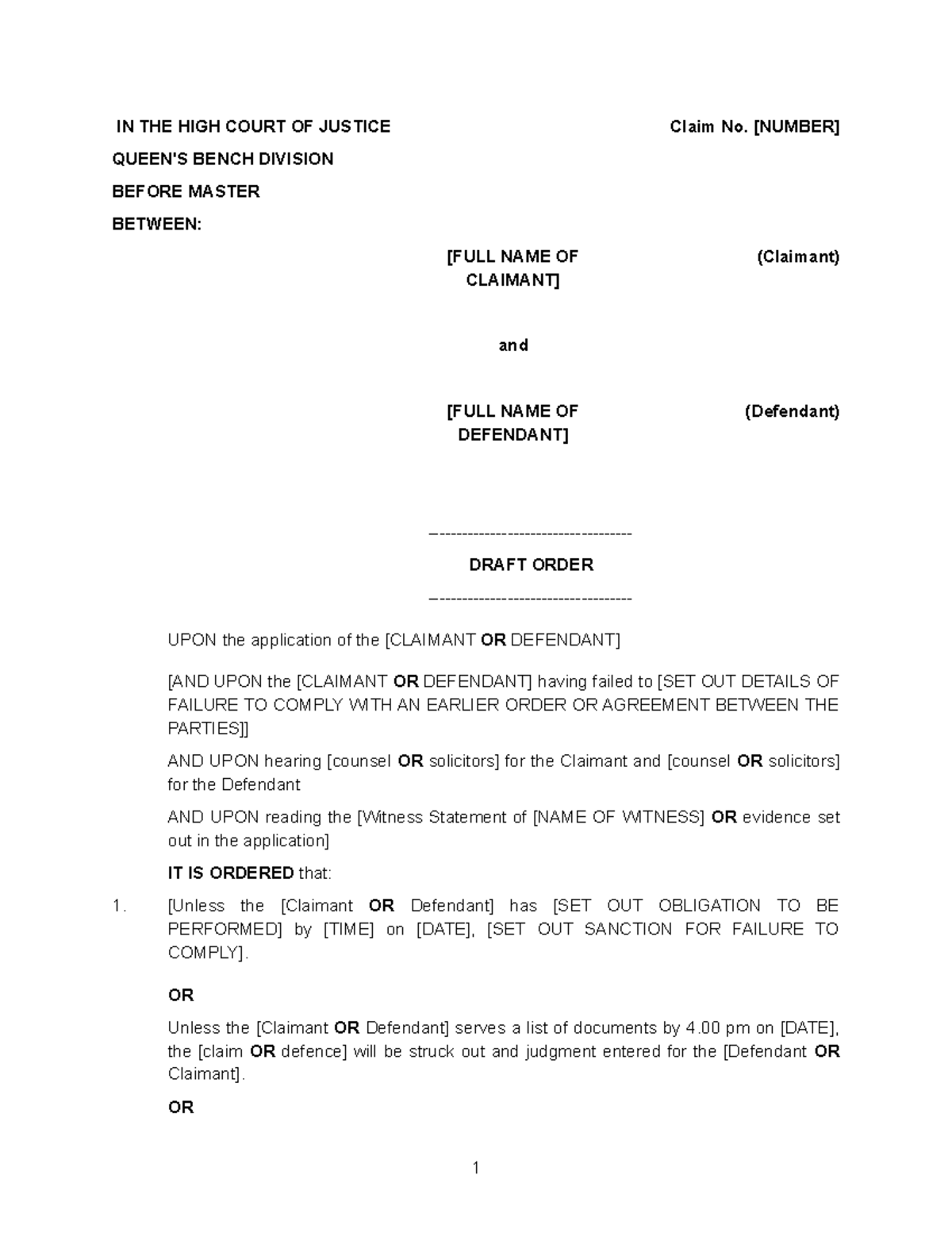 Draft Order for High Court of Justice Claim No. [NUMBER] - Studocu