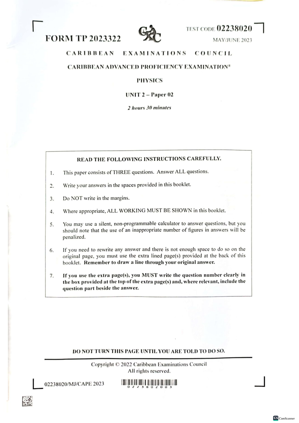 2023 CAPE Physics Unit 2 Paper 02 - Past Exam Questions - Studocu