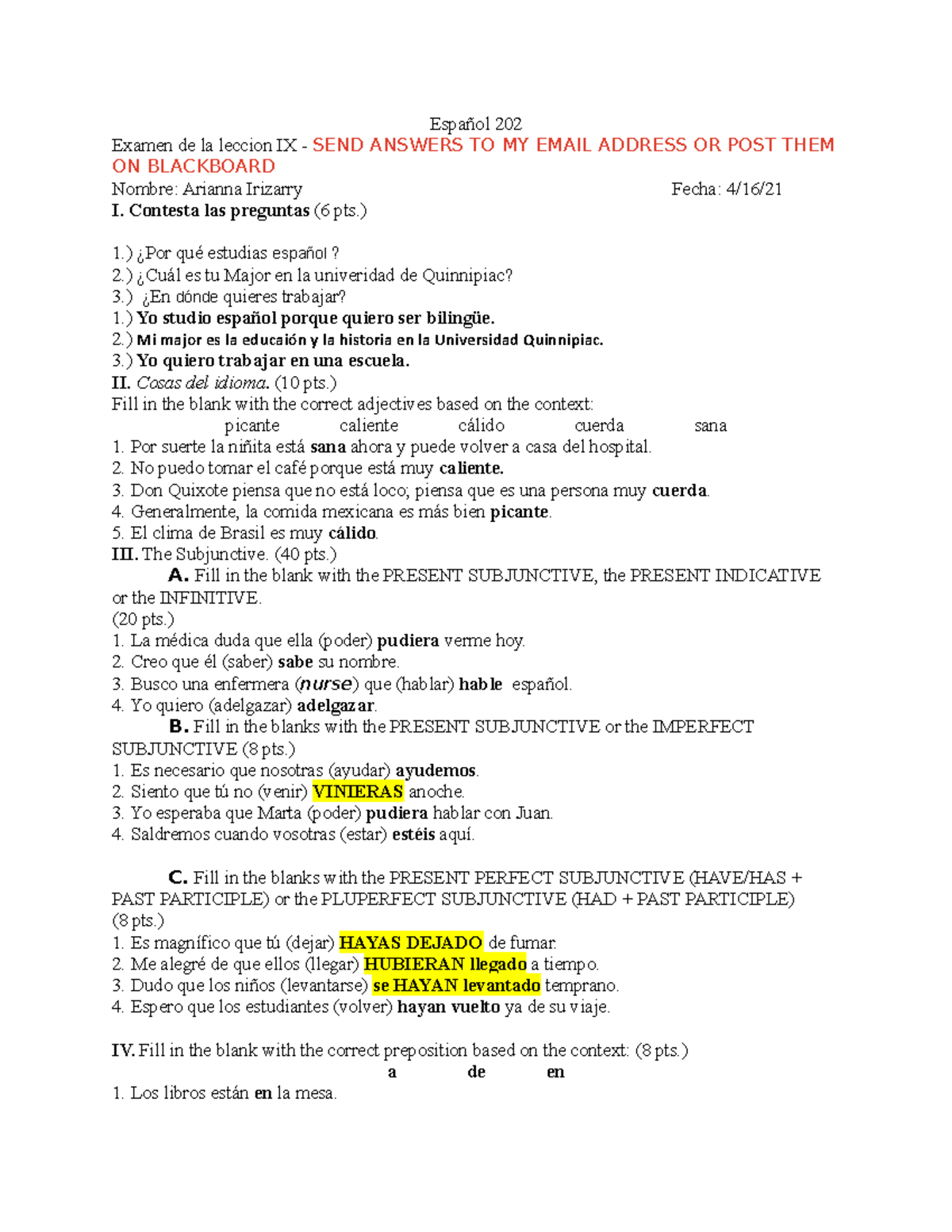 Chapter 9 Exam Review - Español 202 Test Questions and Answers - Studocu