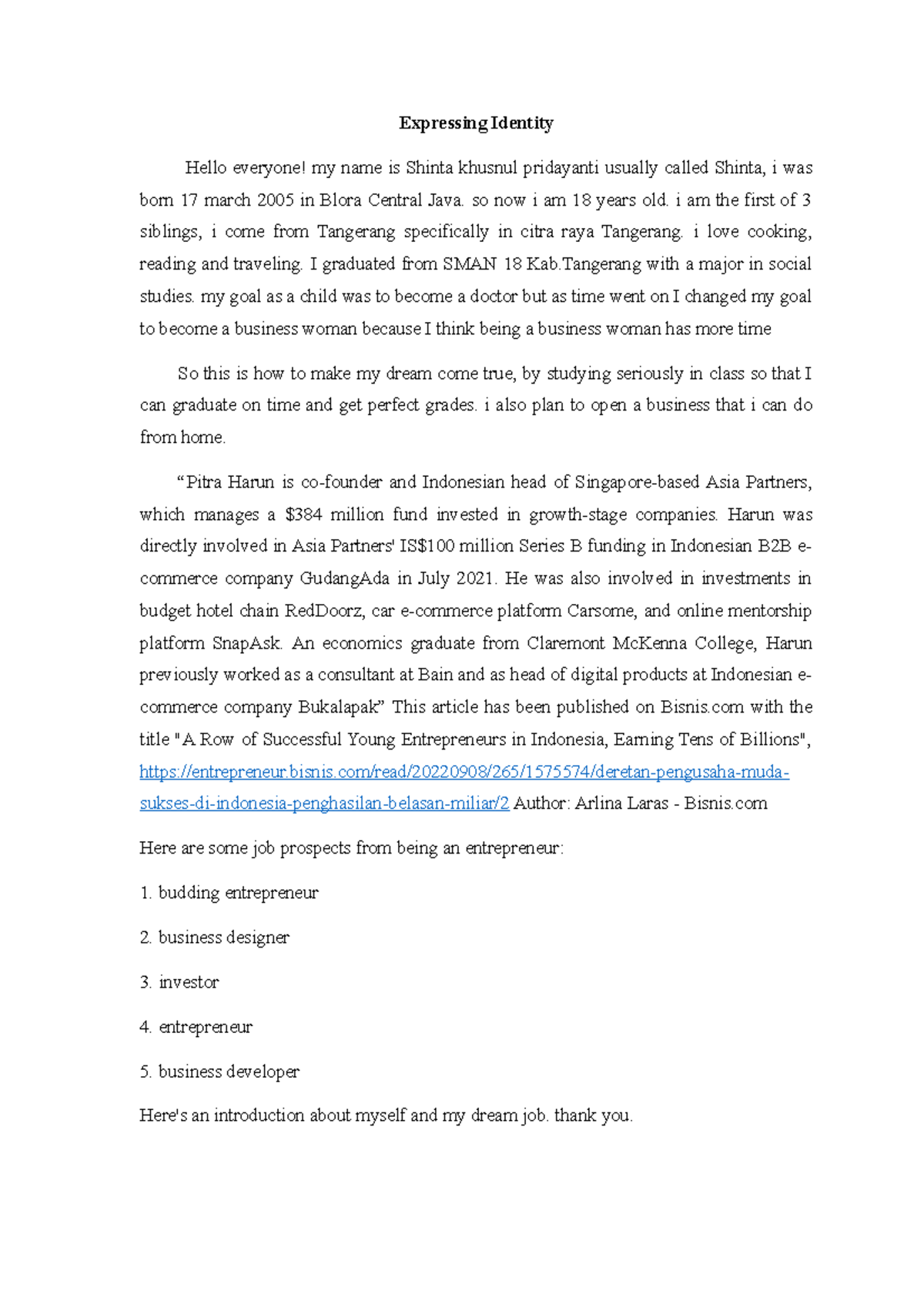 Identity and Aspirations: A Personal Narrative Essay - Studocu
