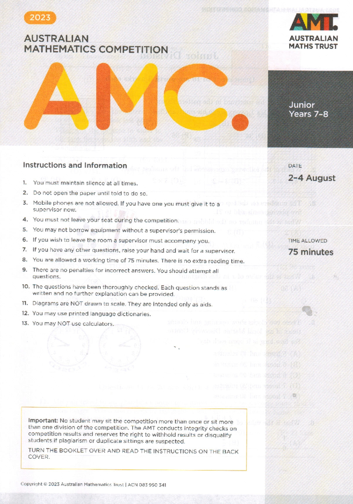 AMC 2023 - Junior Division Practice Paper for Australian Math Comp ...