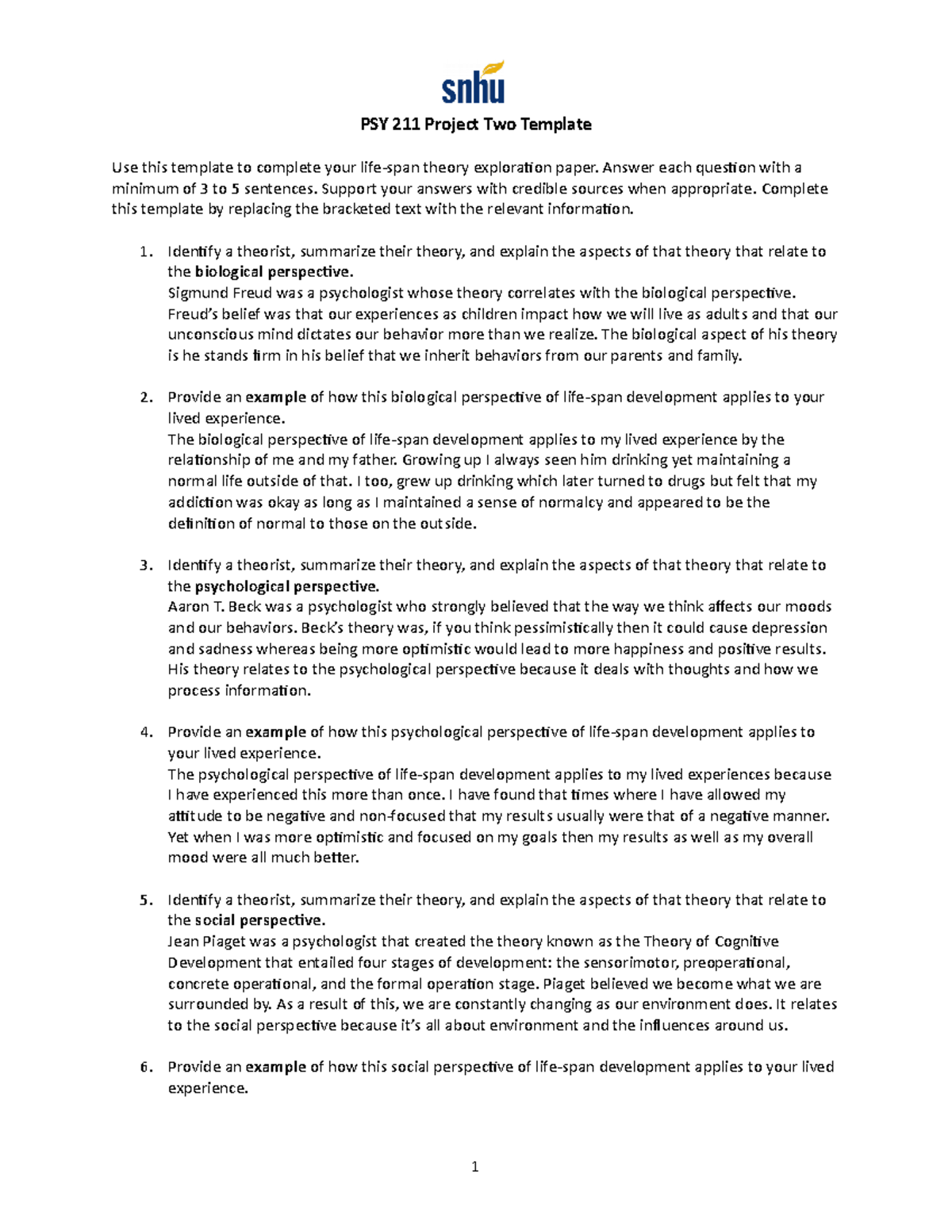 PSY 211 Life-Span Theory Exploration Project Template - Studocu