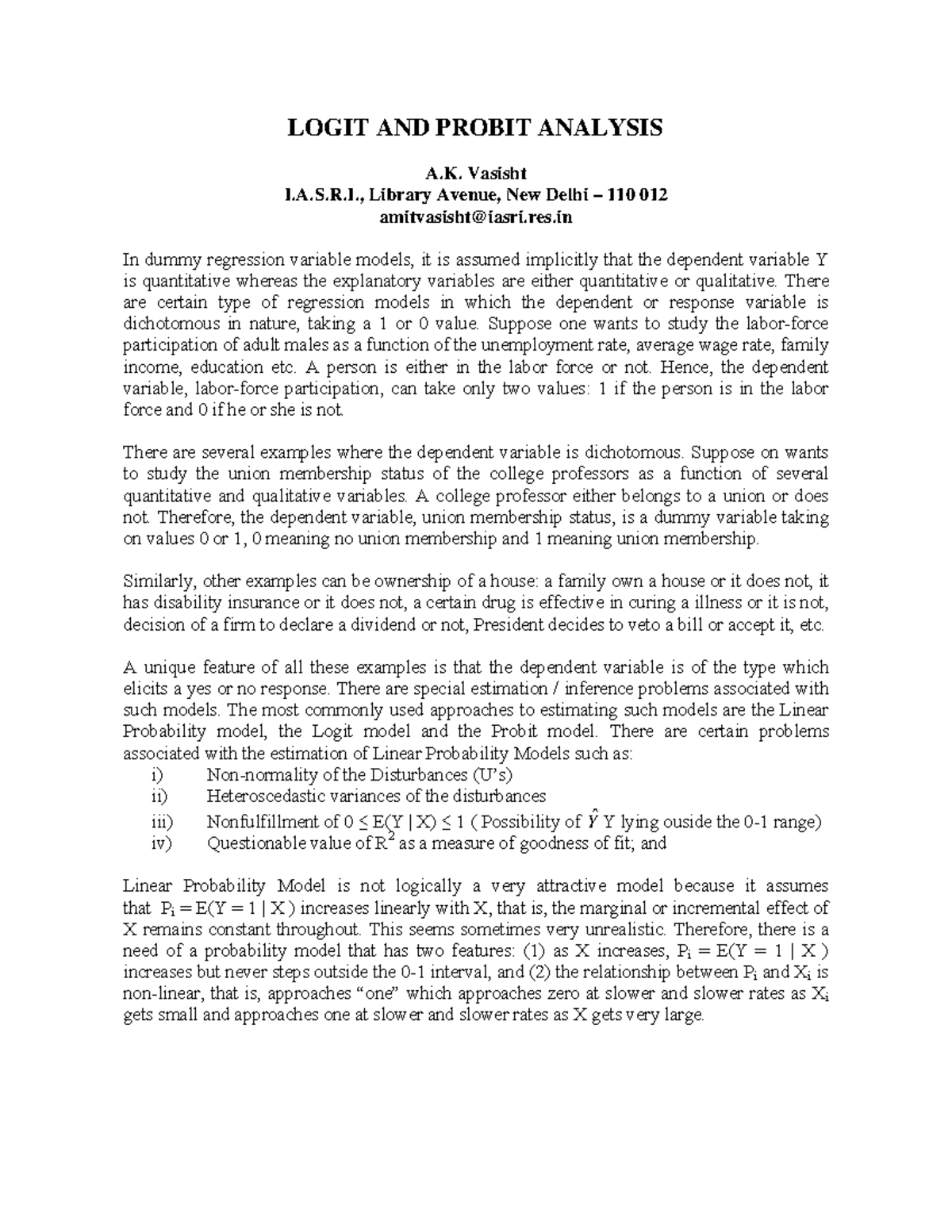 5-Logit and Probit Analysis Lecture Notes on Binary Outcome Models ...